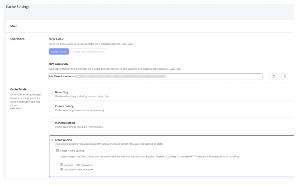 The Imperva GUI lets you purge the entire cache or a specific resource.