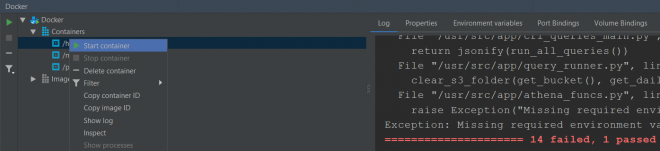Figure 4: Docker panel – control containers, see options like test logs ...
