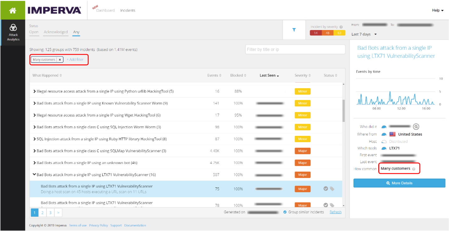 Figure 2: Attack Analytics Many Customers Filter