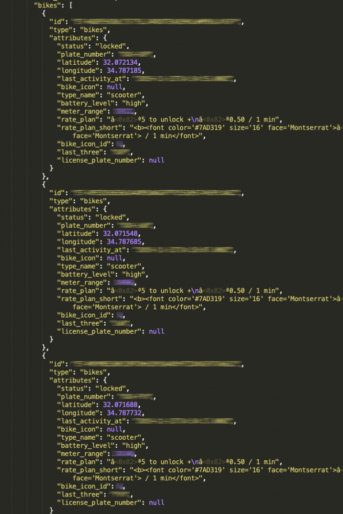 When we examined the server response containing the list of scooters ...