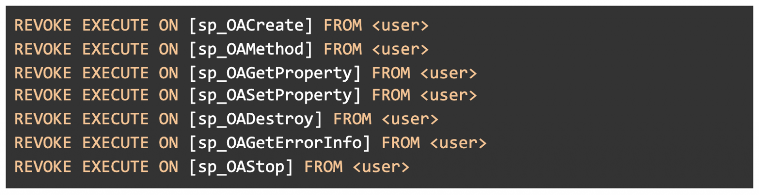 Figure 6: Revoke EXECUTE permission on dangerous functions of SQL Server.