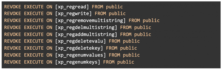 Figure 6 : Revoke EXECUTE permission on dangerous features of SQL Server.