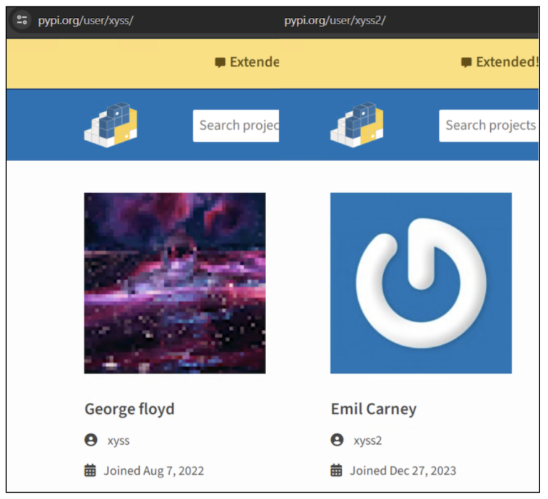 Figure 2: Original package’s author (left) vs. the malicious (right)
