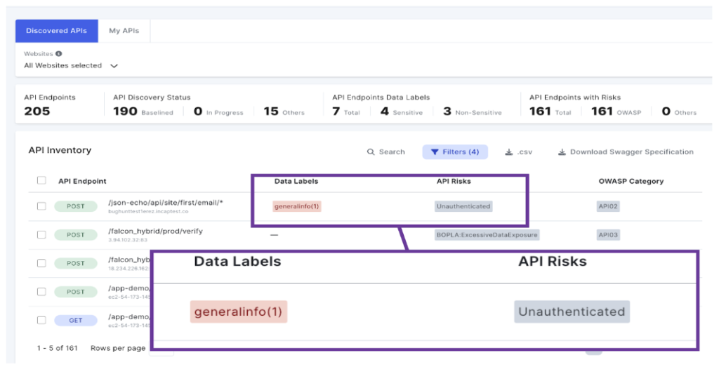 Example of an Imperva API Discovery dashboard uncovering ...