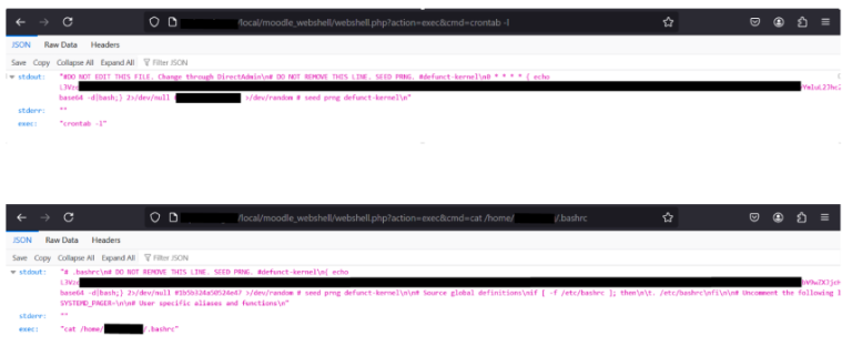 Base64-decoding of the scripts in bashrc and crontab reveals a command which will re-install the ...
