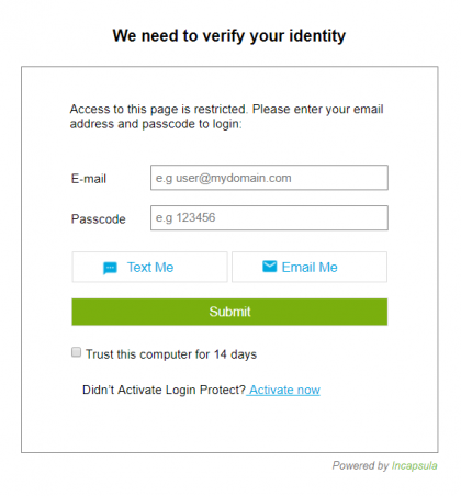 Imperva cloud 2FA login screen.