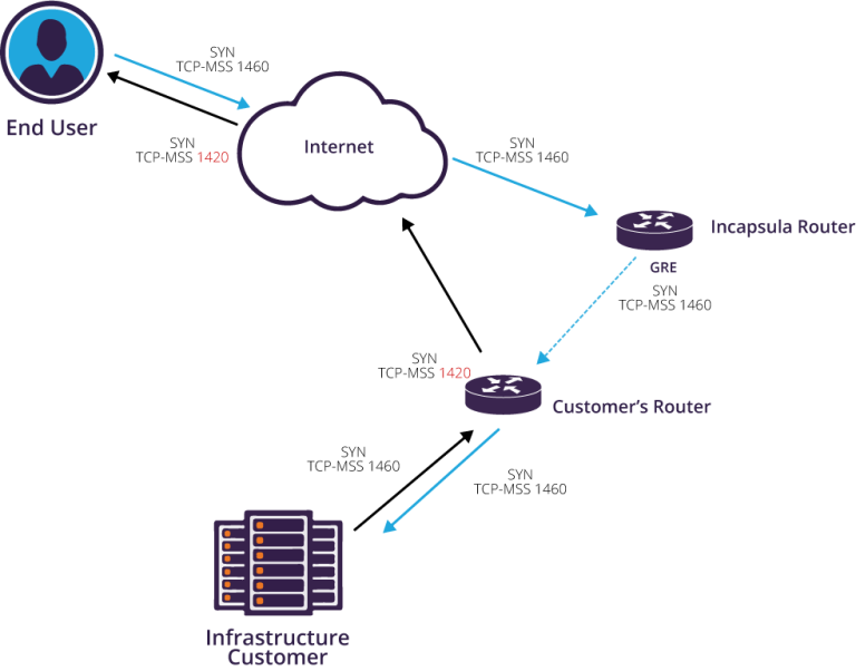 The customer server sends the packet with an MSS value of 1460, but in the router’s interface ...